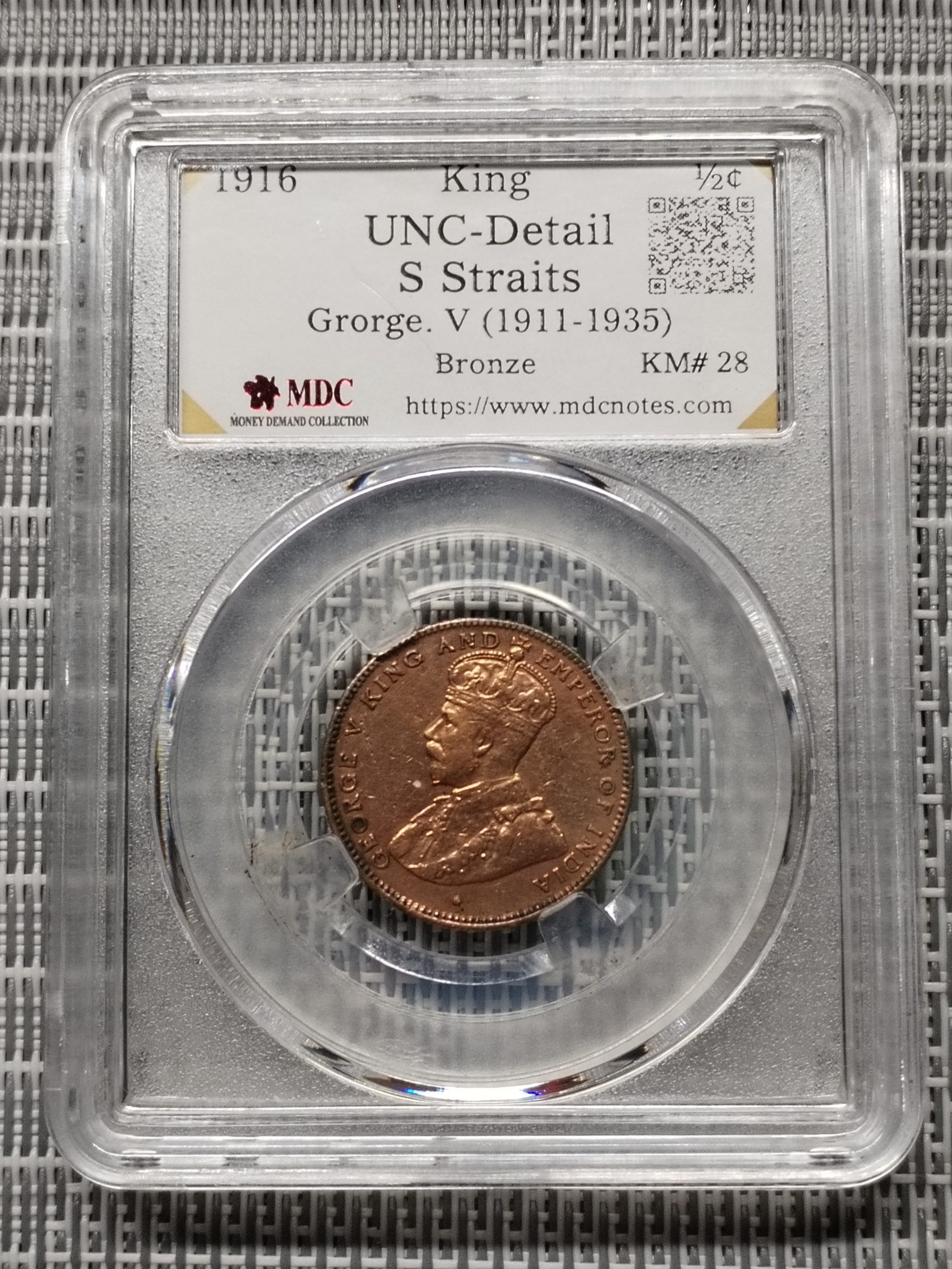 1916 S Straits ½c " King " 《 MDC Graded UNC-Detail 》 - Money Demand ...